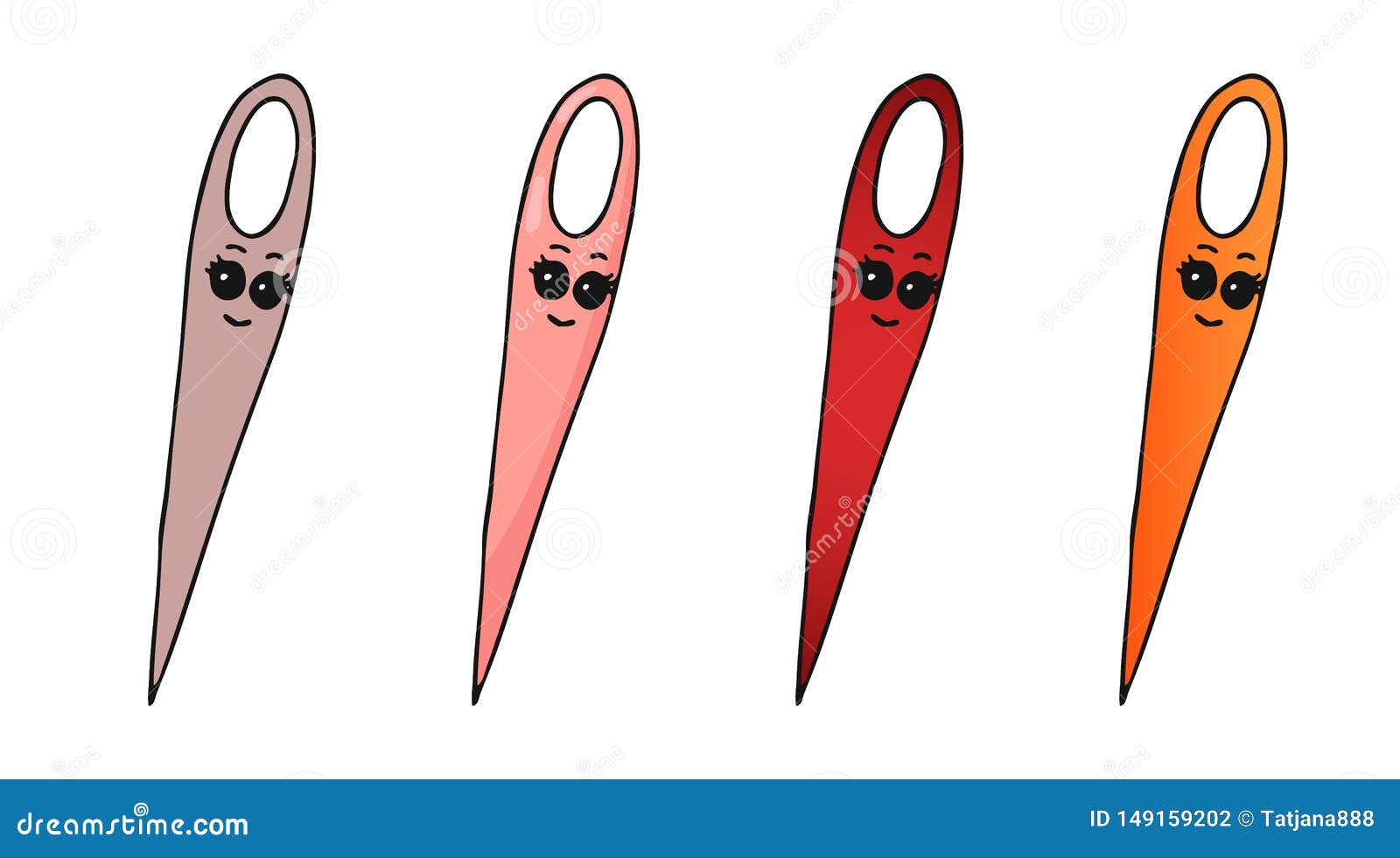 Set of Four Hand Drawn Smiling Kawaii Doodle Sewing Needles in ...