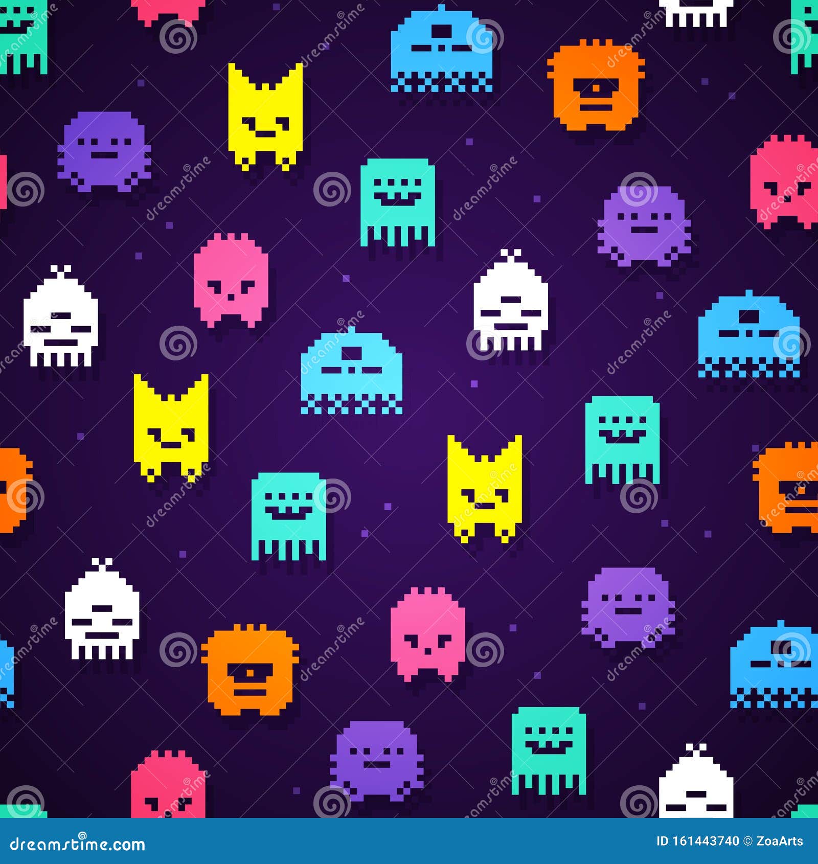 Vector Illustration Seamless 8bit Pixel Monsters Pattern. Retro Game ...