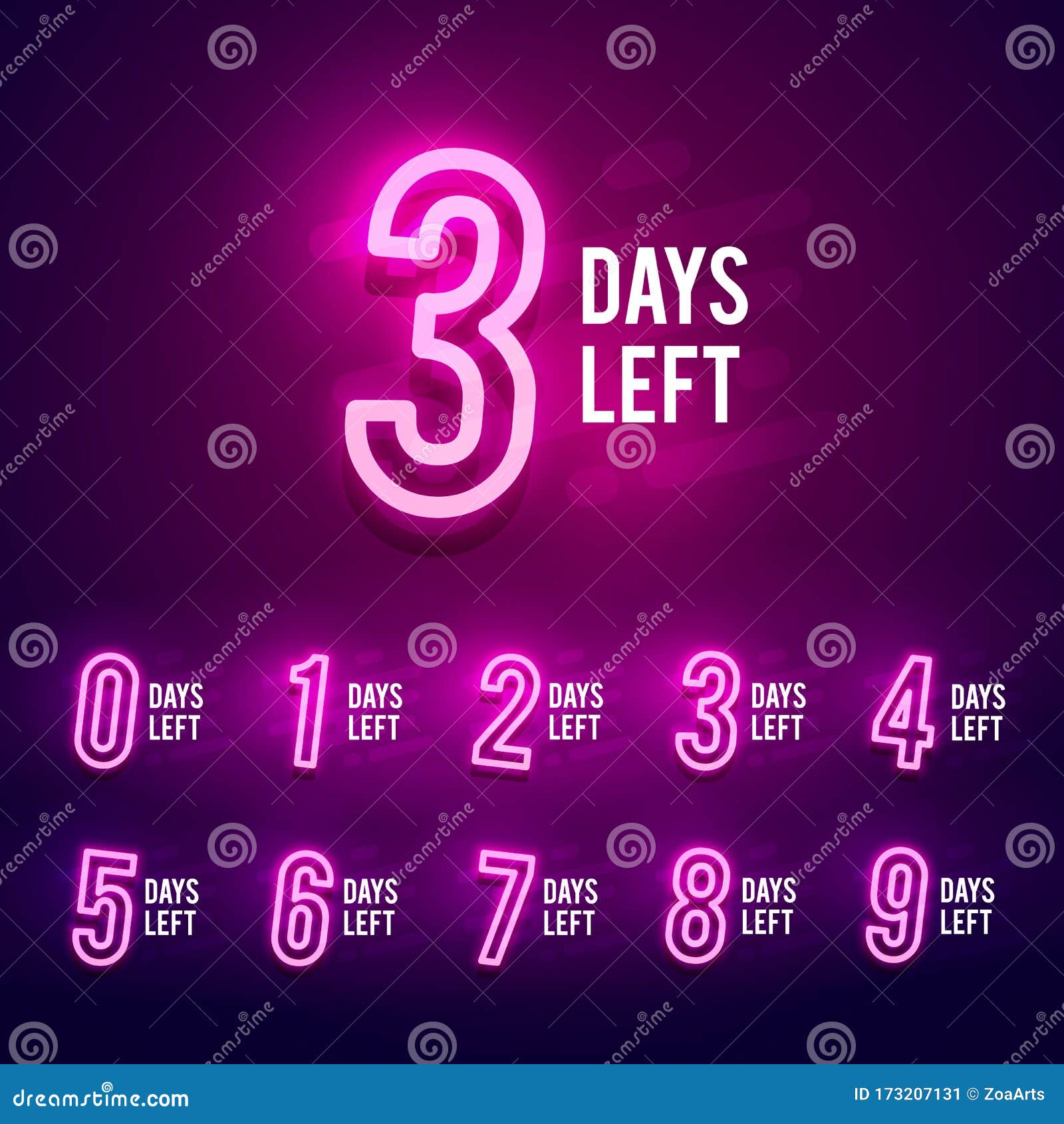 Vector Illustration Bright Numbers of Days Left Neon Sign. 9 To 1 ...