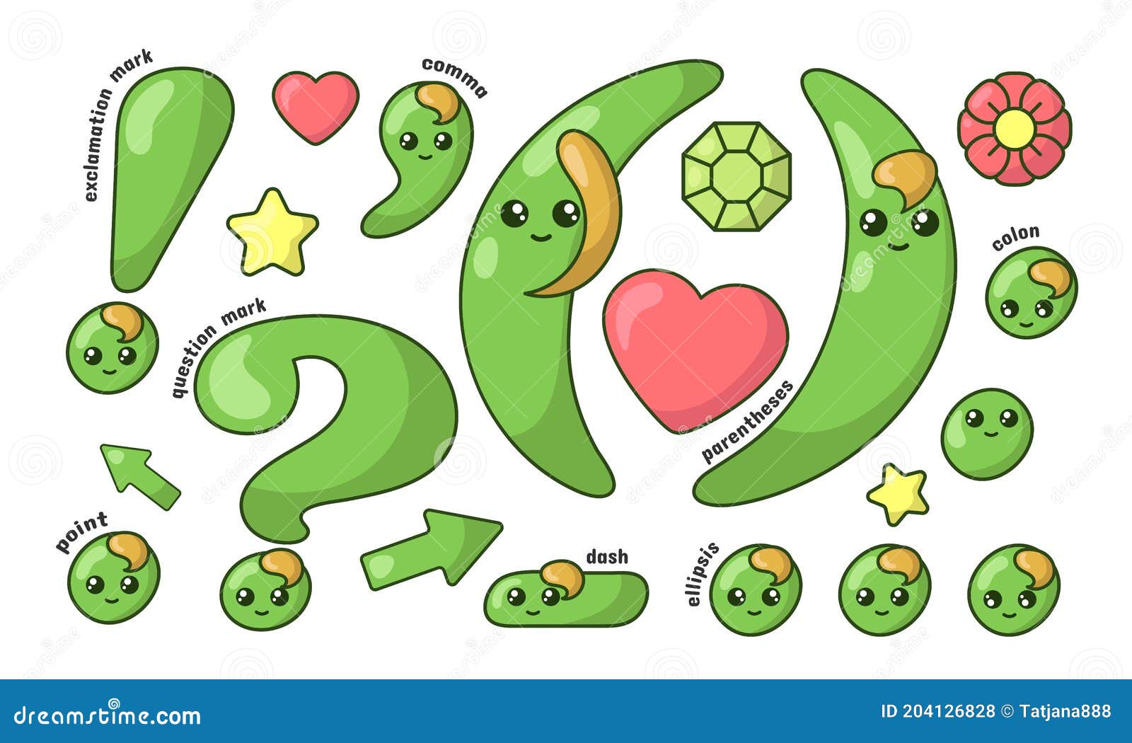 Set of Cute Smiling Green Kawaii Punctuation Marks in Doodle Style ...