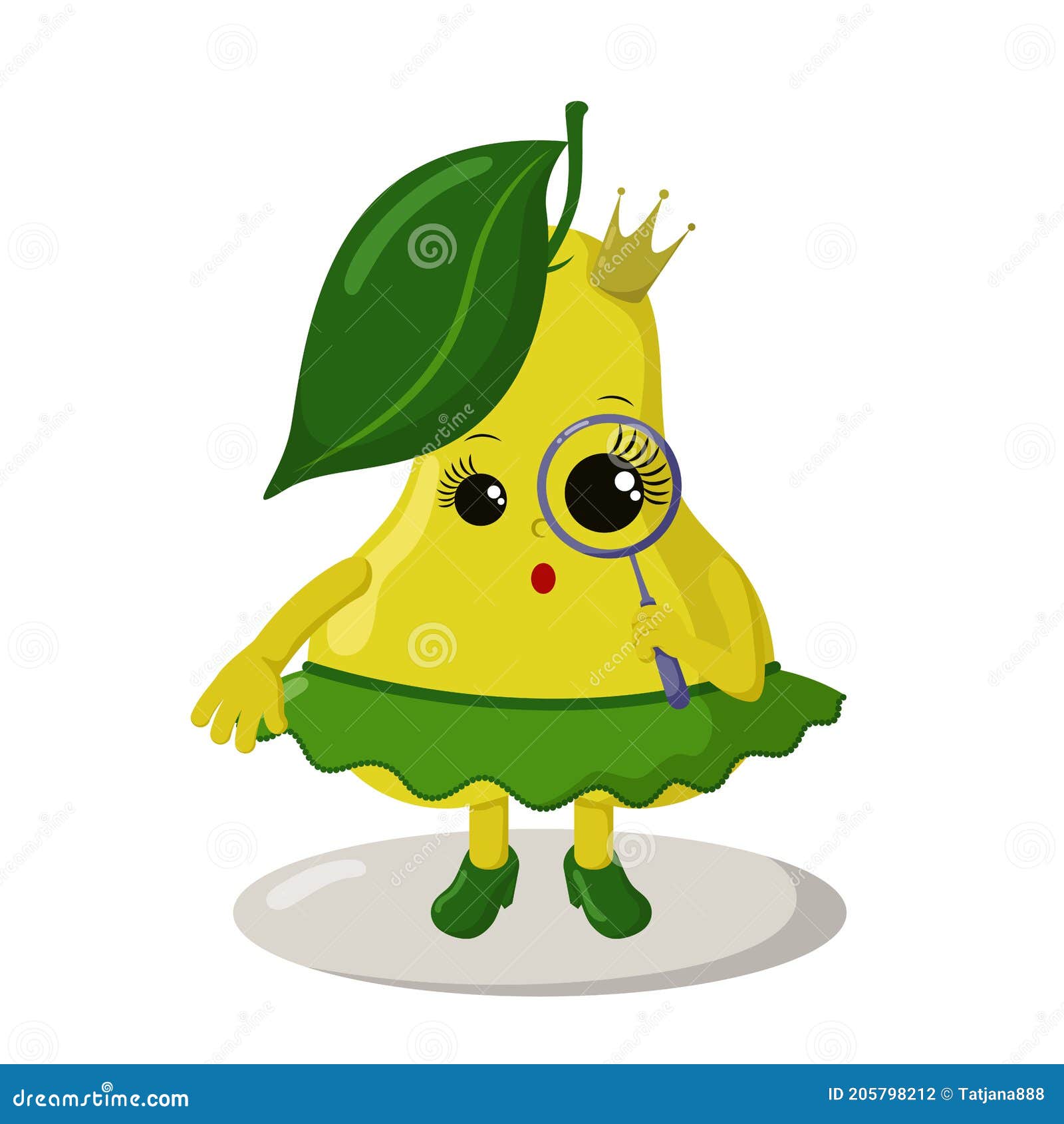 Cute Surprised Kawaii Pear Princess with Magnifying Glass, Crown, Skirt ...