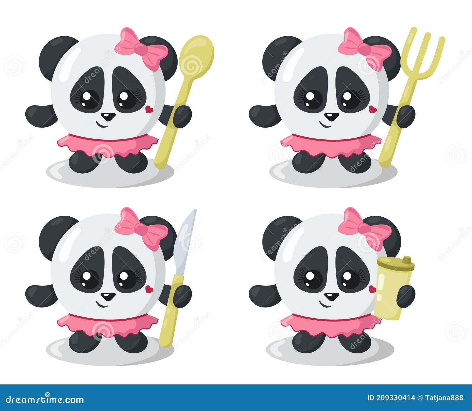 Set of Funny Cute Kawaii Panda with Round Body, Spoon, Fork, Knife and ...