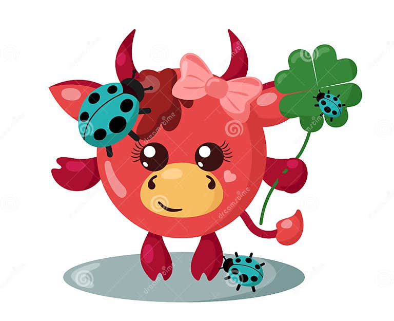 Funny Cute Smiling Cow with Round Body and Ladybugs Holding Four-leaf ...