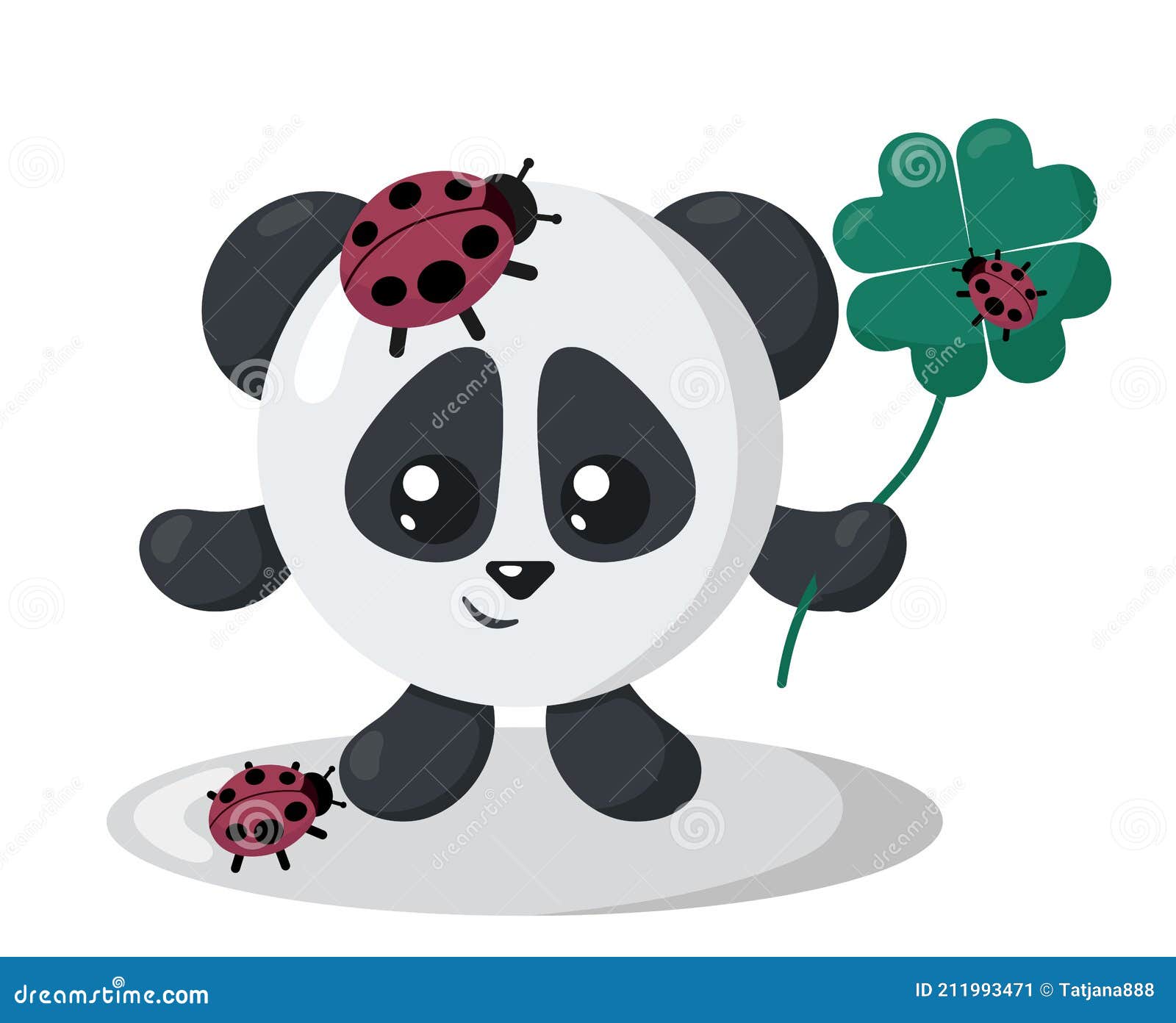 Funny Cute Smiling Panda with Round Body and Ladybugs Holding Four Leaf ...