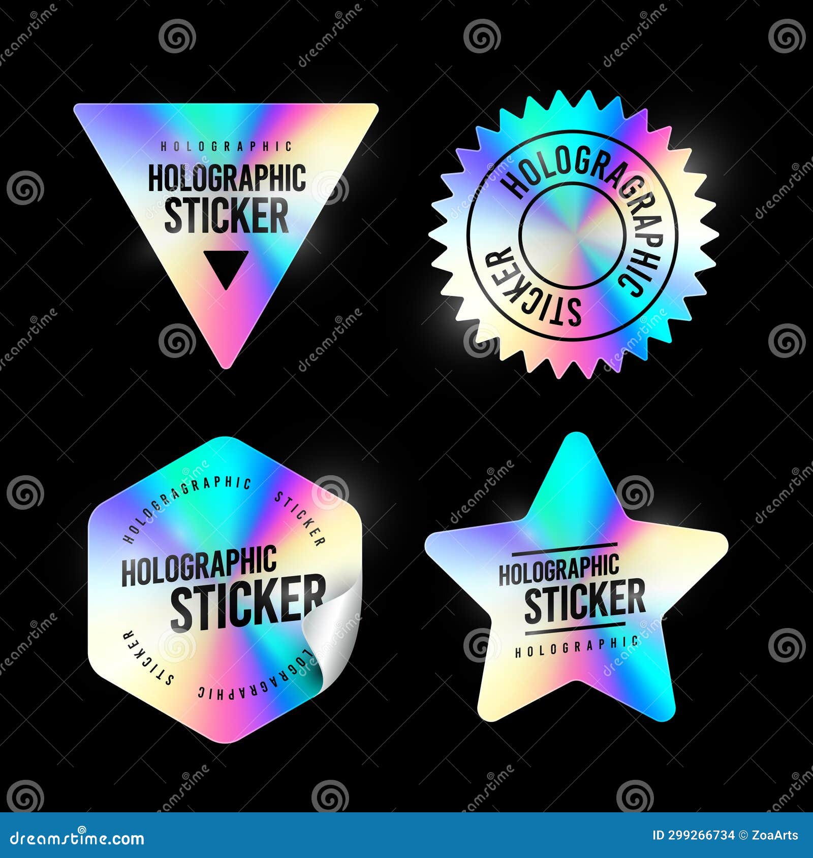Holographic Sticker Set. Shine Metal Badges Of Various Shapes. Vector Iridescent Foil Adhesive ...