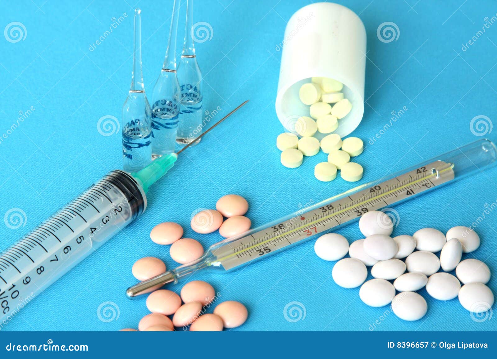 Drugs, Pharmacy Pills, Syringe, Thermometer Stock Image - Image of ...