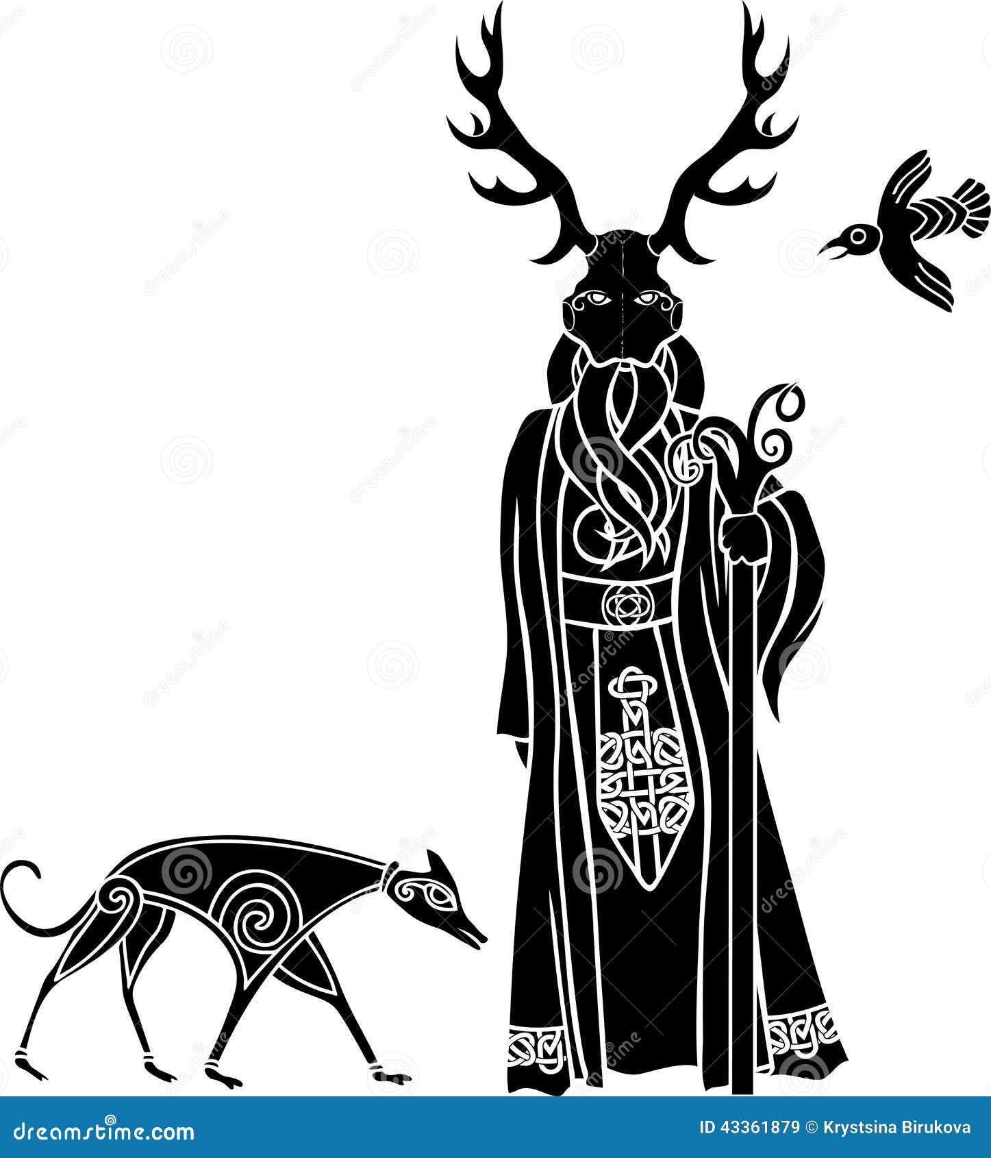Druide Avec Le Masque Rituel, Le Loup Et Un Oiseau Illustration de ...