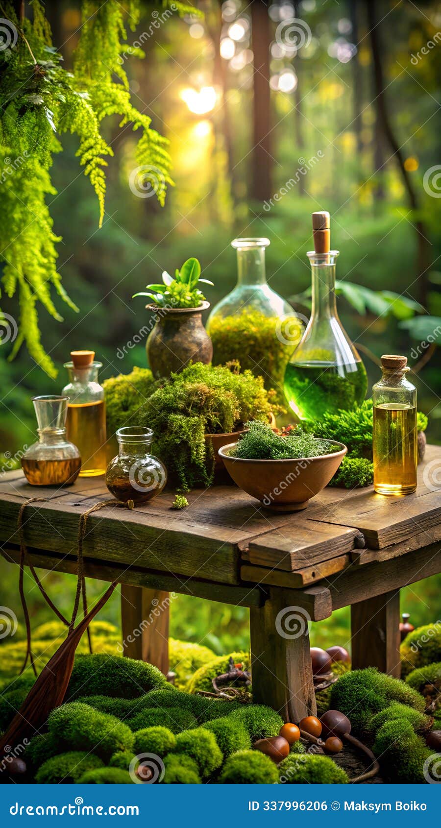 A Druids Potion Table with Moss and Greenery Stock Illustration ...