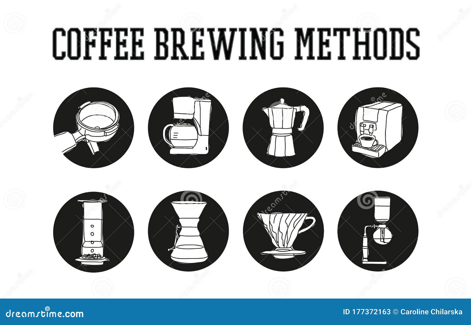 Hand Drawn Coffee Brewing Method Icons. Stock Vector - Illustration of ...