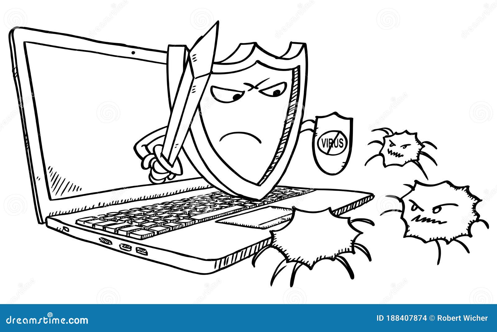 Black and White Doodle of Antivirus Defending Laptop from Viruses ...
