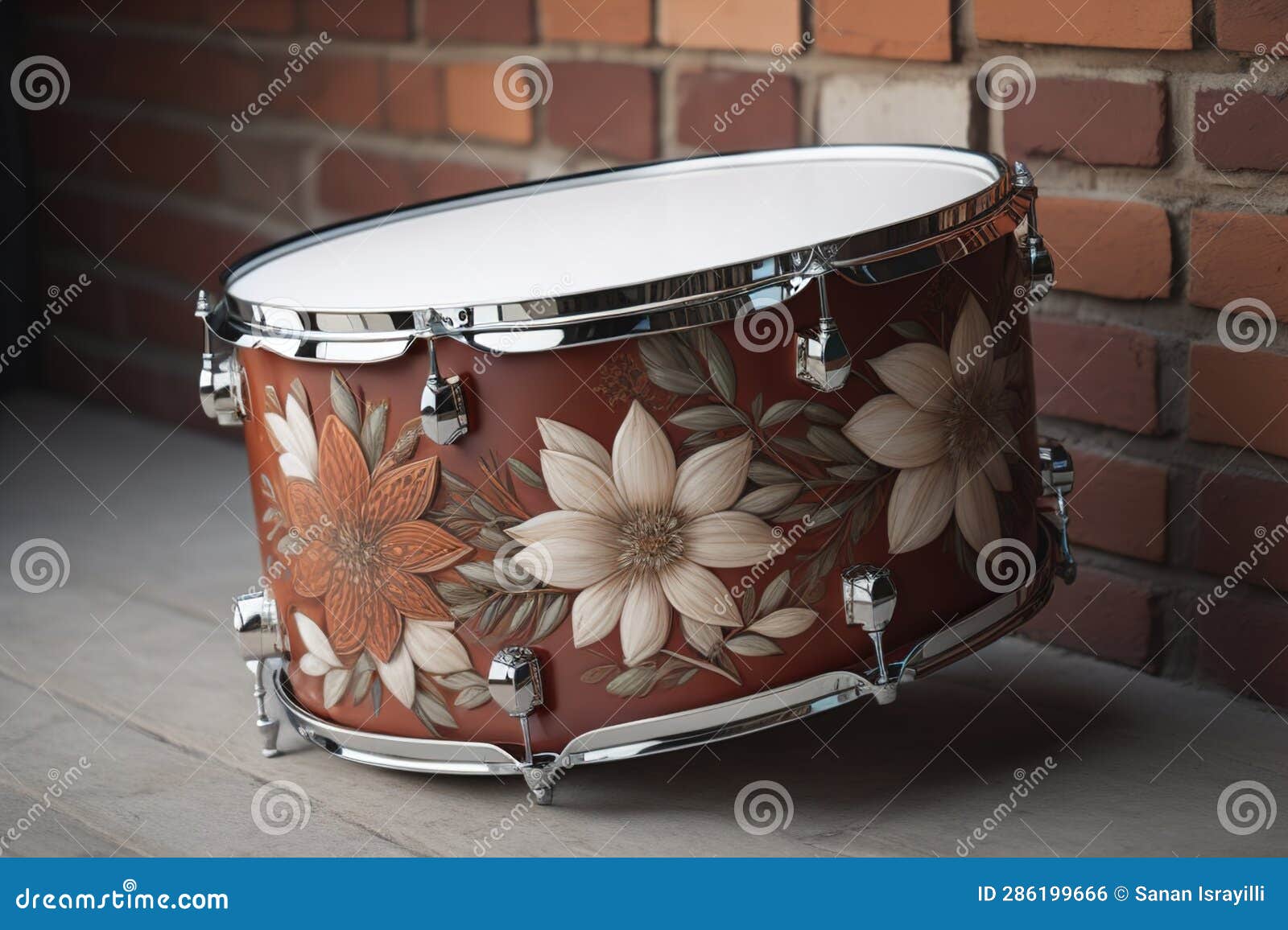 Drum with Floral Pattern on Brick Wall Background. Musical Instrument ...
