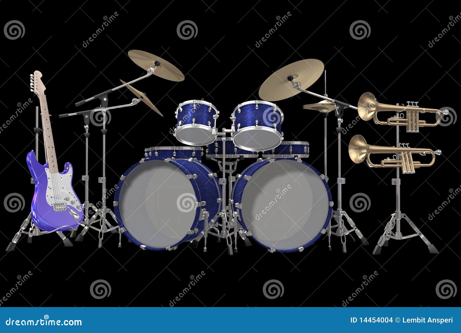 Drum Kit Guitar and Trumpet Isolated on a Black Stock Illustration ...