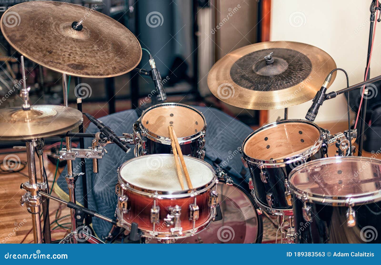 A View of a Drum Kit Set Up for Recording Stock Image - Image of music ...