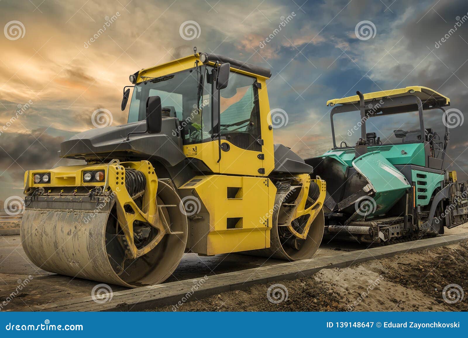 Drum Roller and Asphalt Spreading Machine. Stock Image - Image of ...