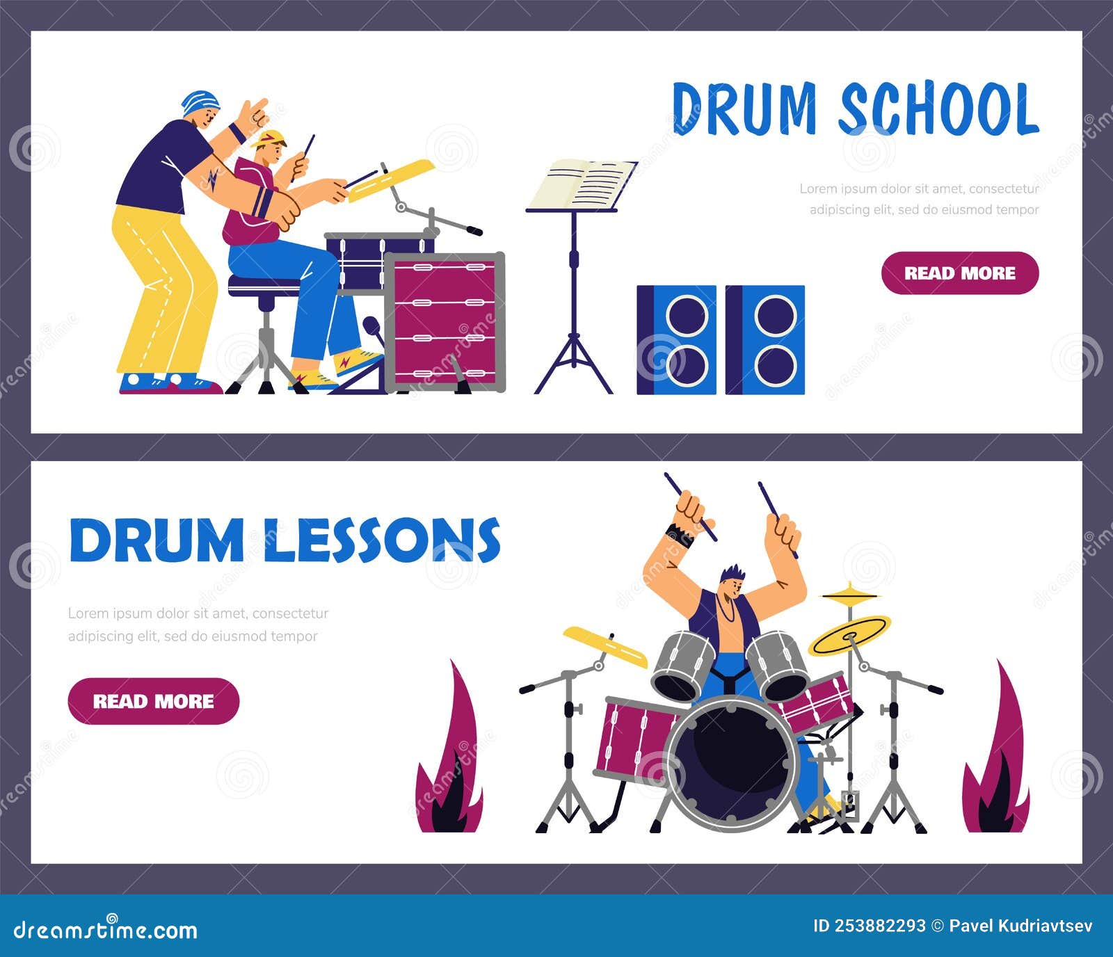 Drum School and Drumming Lessons Website Banners Set Flat Vector ...