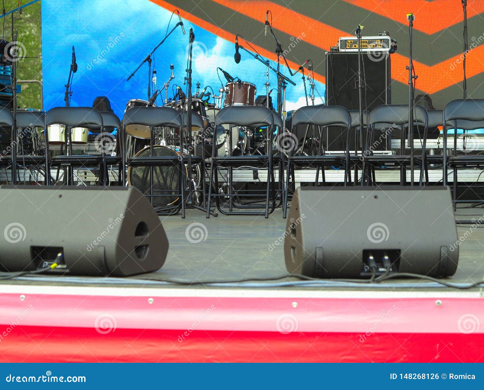 Drum Set with Amplifiers and Speakers on Stage before Live Concert ...