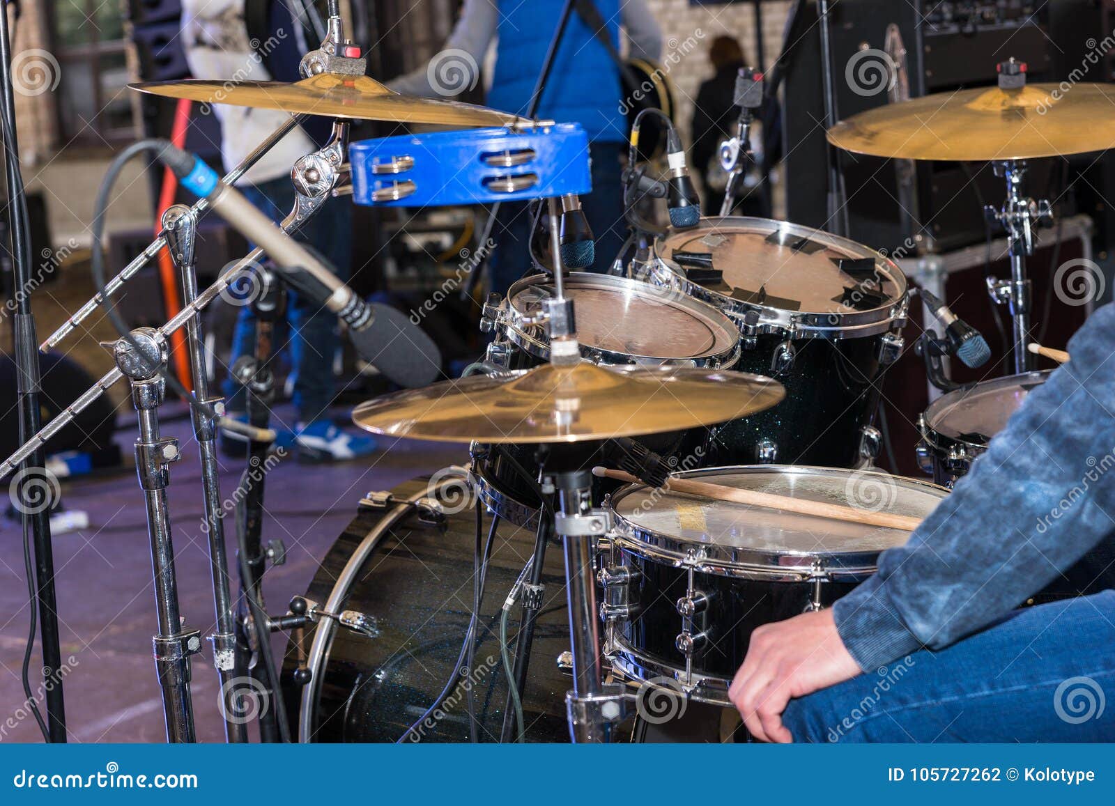 Drum Set with Drummer on a Stage, Preparation for the Performance Stock ...