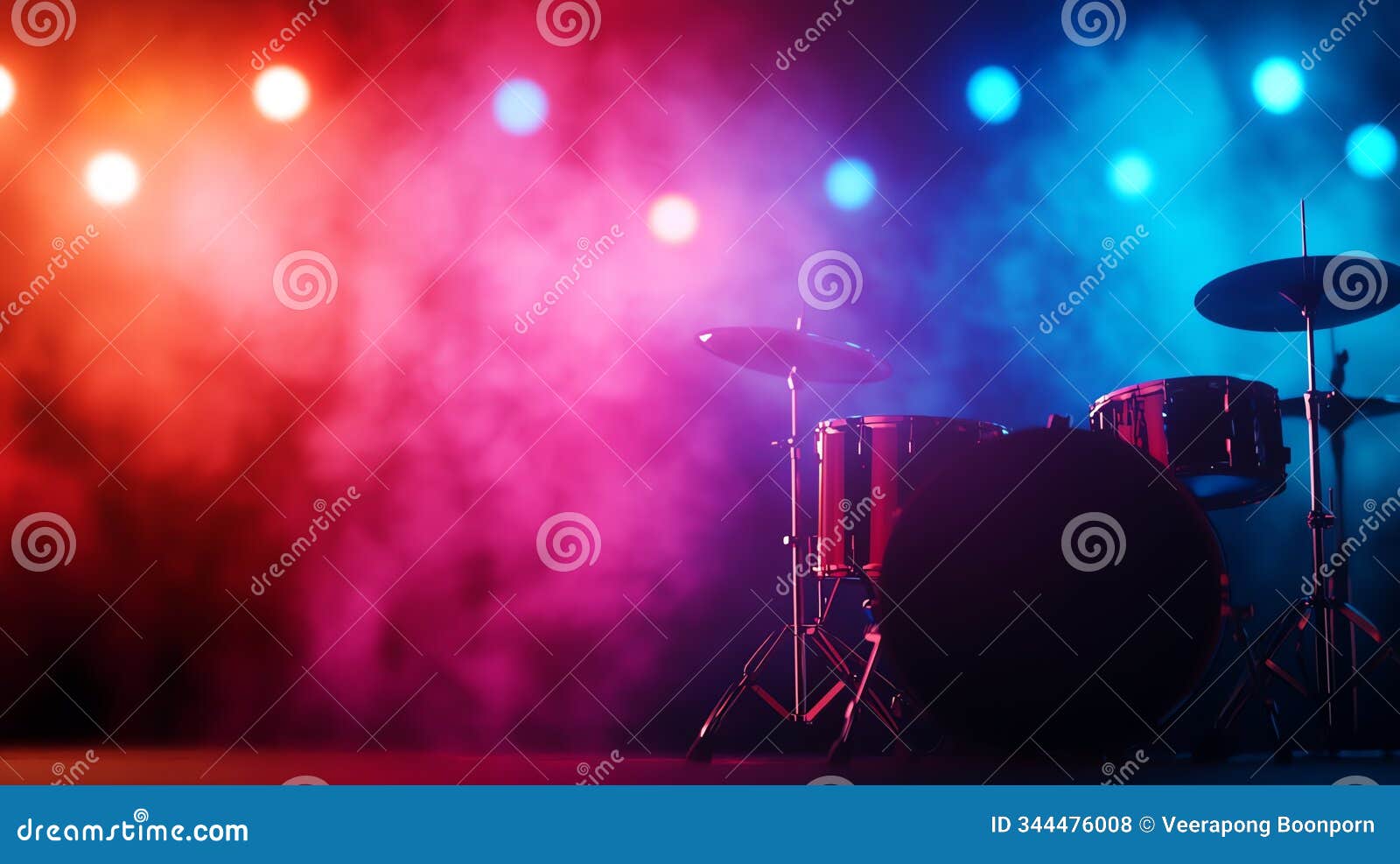 Drum Set Illuminated by Vibrant Stage Lights, Colorful Smoke Effect in ...