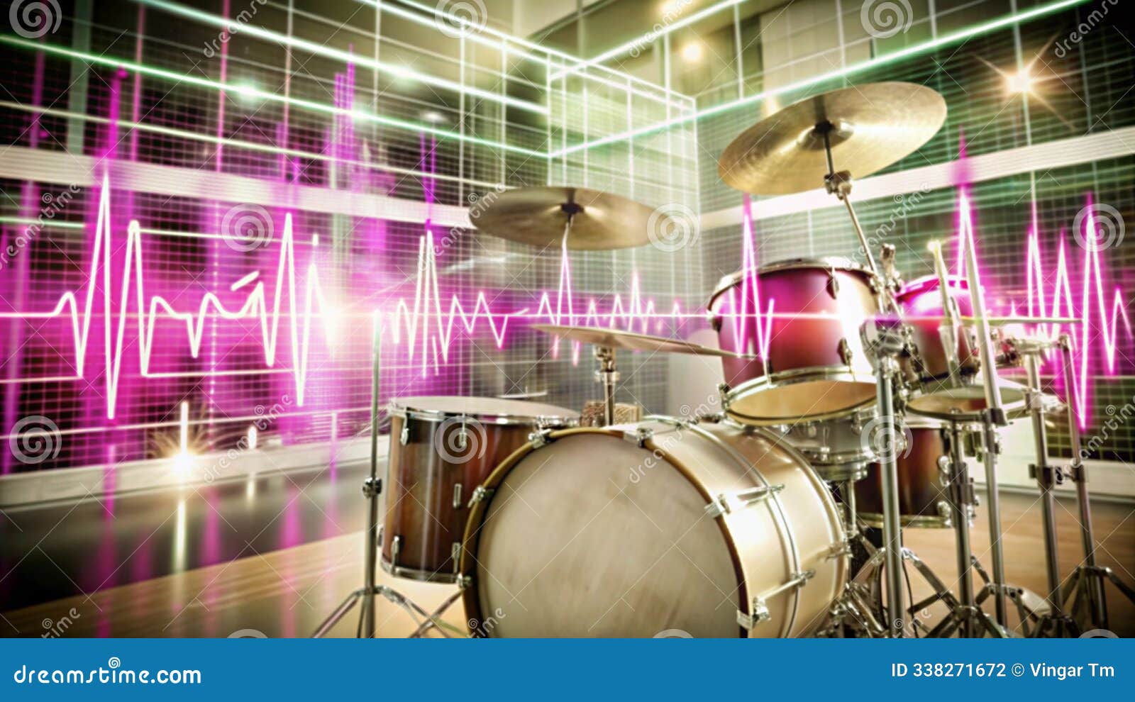 A Drum Set in a Recording Studio with Sound Waves Behind it Stock Photo ...