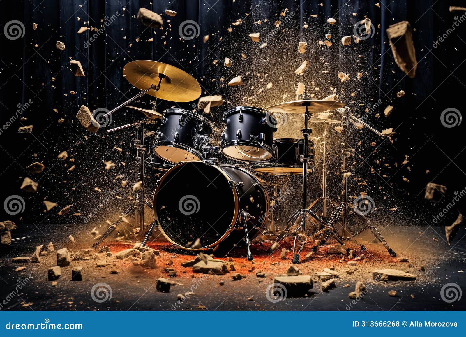 A Drum Set is Shown with a Lot of Debris and Dust Stock Photo - Image ...