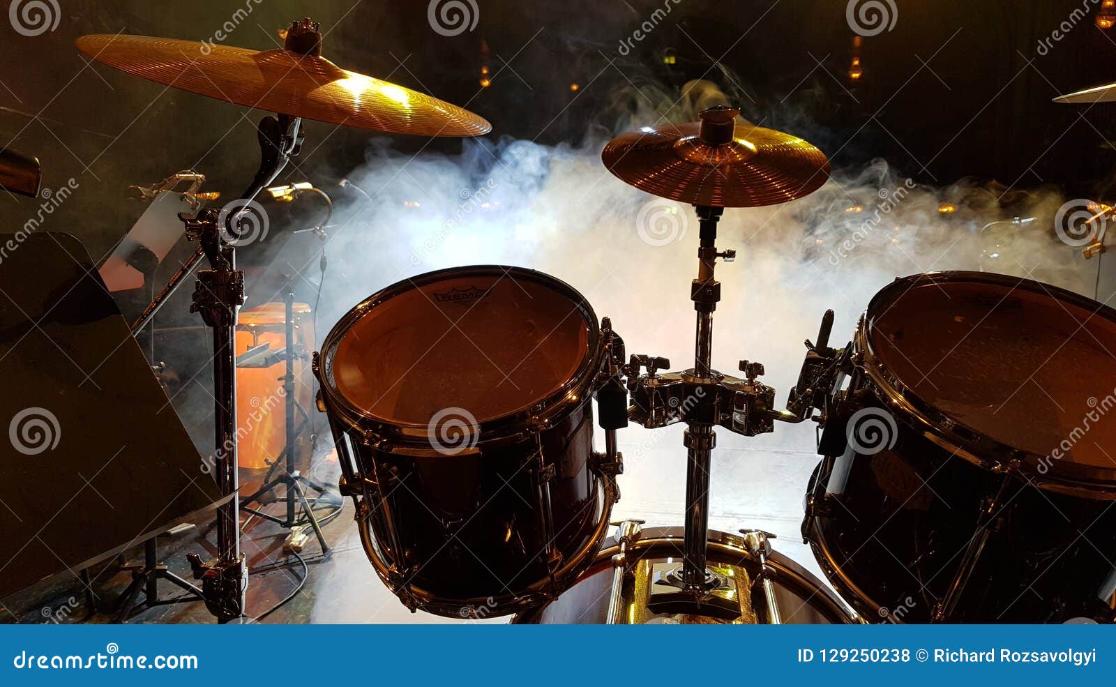 Drum set with smoke stock photo. Image of musical, music - 129250238