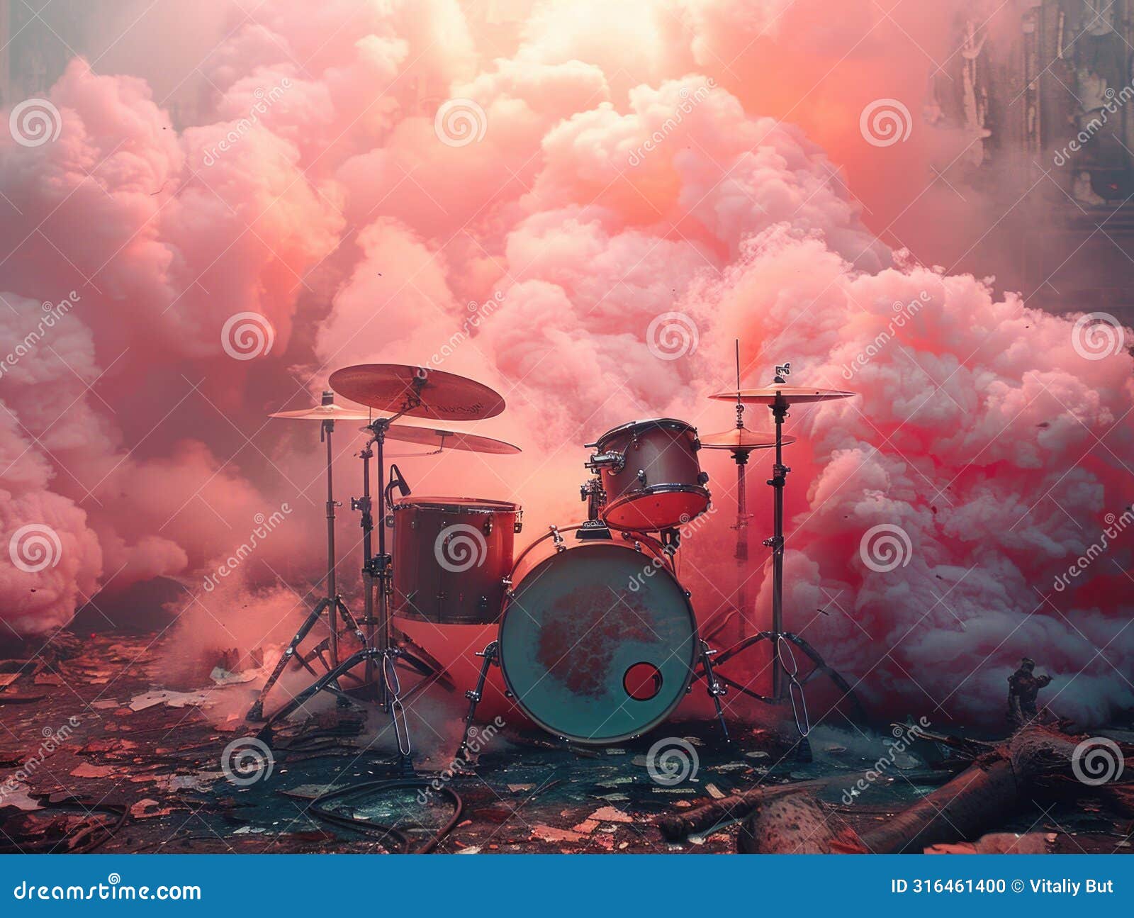 Drum Set Surrounded by Pink Smoke Stock Photo - Image of drum ...