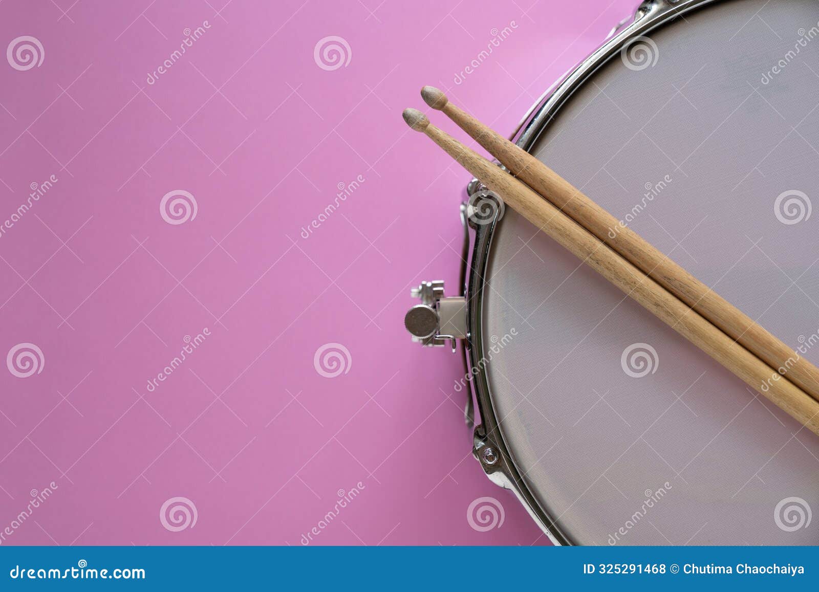 Drum Stick and Drum on Pink Table Background, Top View, Music Concept ...