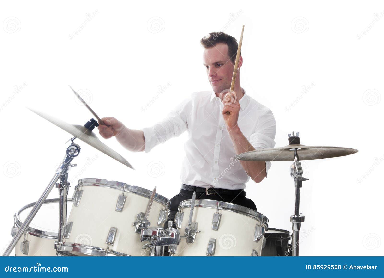 Drummer Behind Drum Set Wears White Shirt and Plays the Drums Stock ...