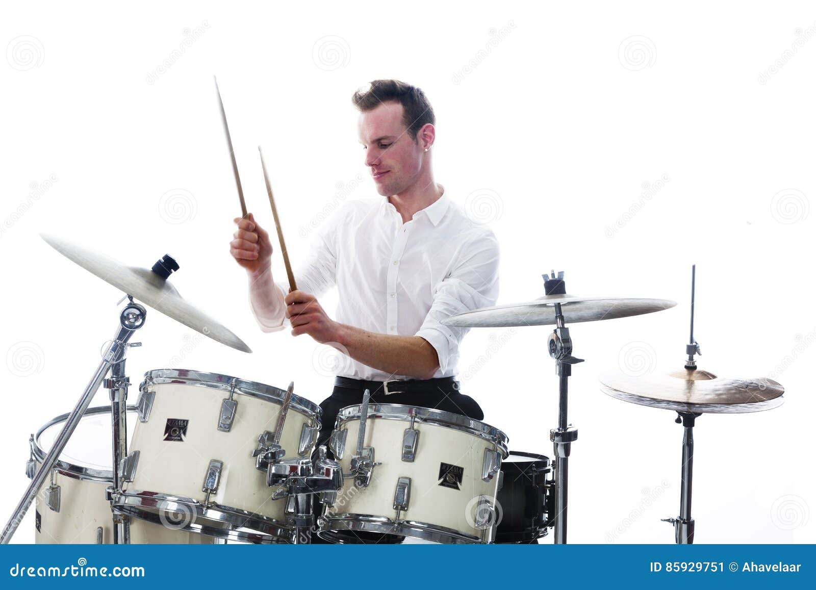 Drummer Behind Drum Set Wears White Shirt and Plays the Drums Stock ...