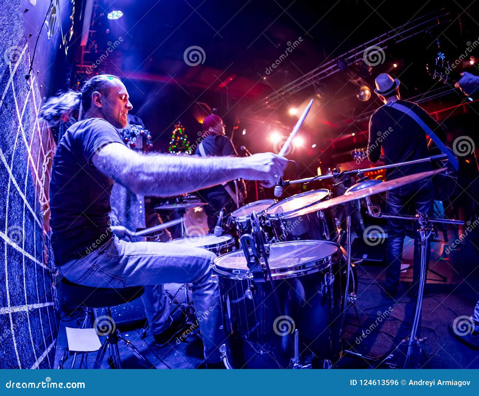 Drummer Playing on Drum Set on Stage. Stock Photo - Image of musical ...