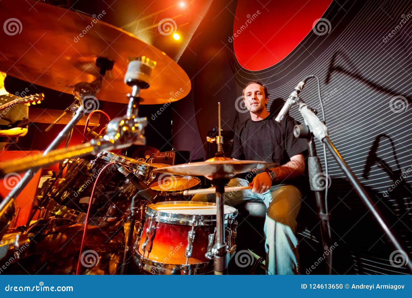 Drummer Playing on Drum Set on Stage. Stock Photo - Image of artist ...