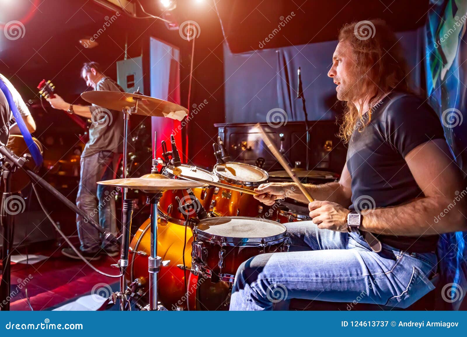 Drummer Playing on Drum Set on Stage. Stock Image - Image of adult ...