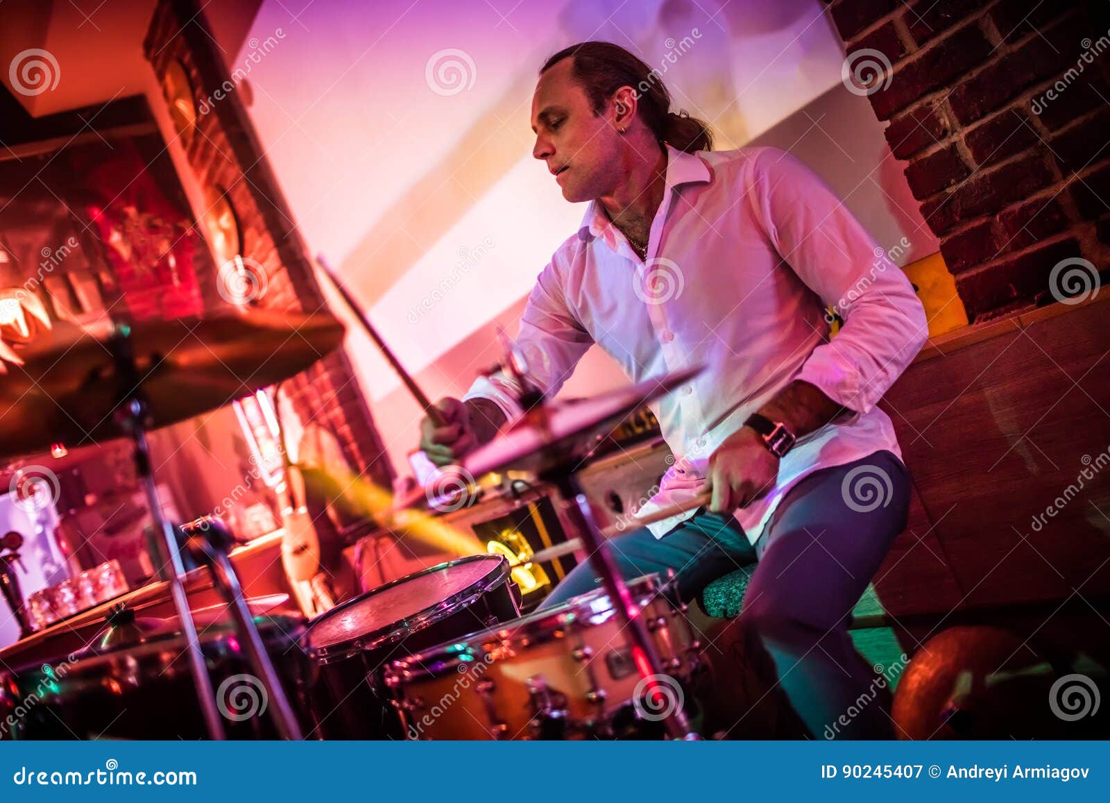 Drummer Playing on Drum Set on Stage. Stock Image - Image of jazz ...