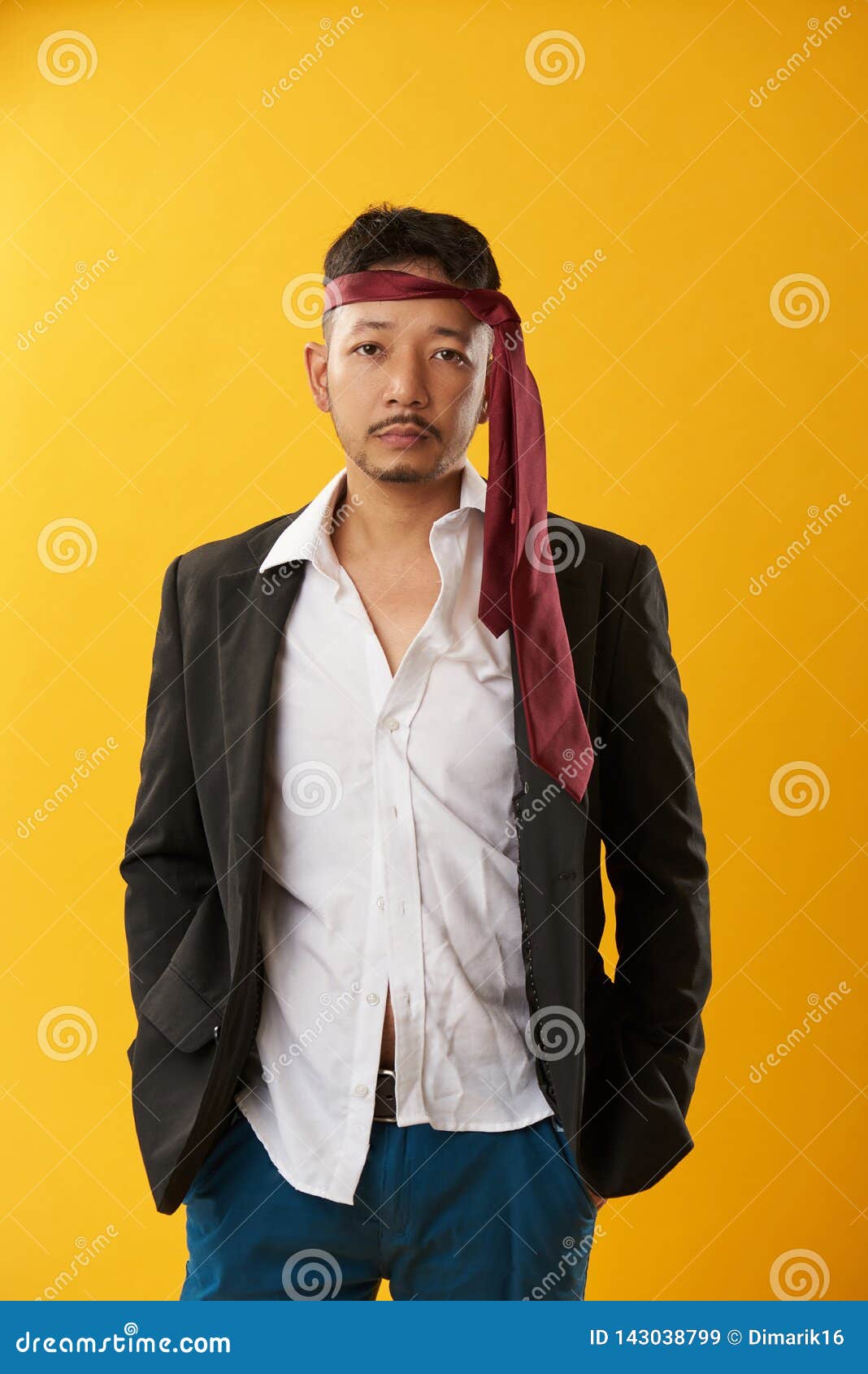 Drunk Asian Man With Laptop And Alarm Clock Lying Down On The Bed And ...