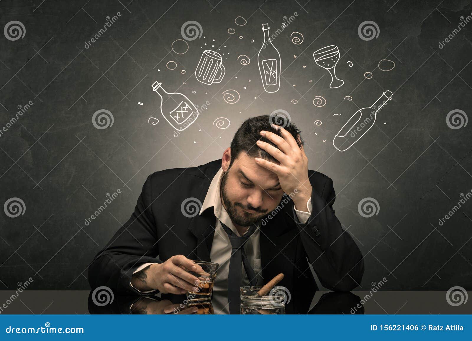 Drunk Man with Doodle Alcohol Bottles Concept Stock Photo - Image of ...