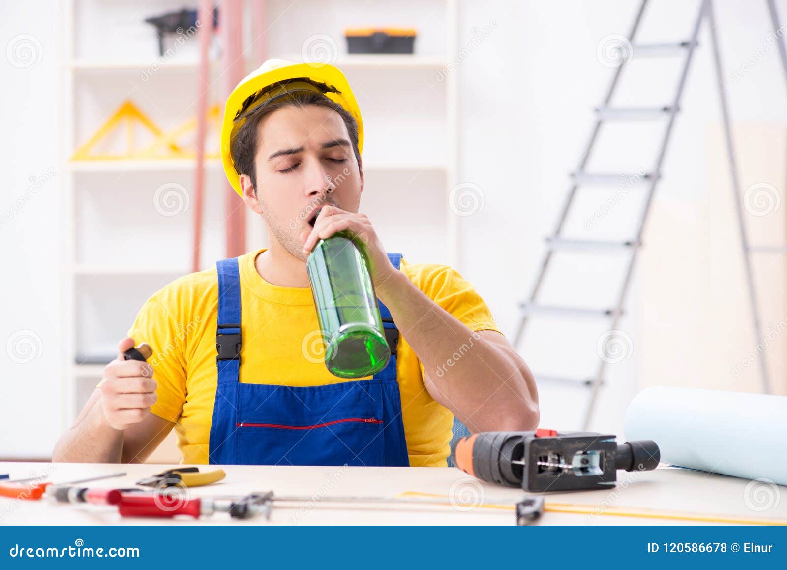 The Drunk Engineer Working in the Workshop Stock Photo - Image of ...