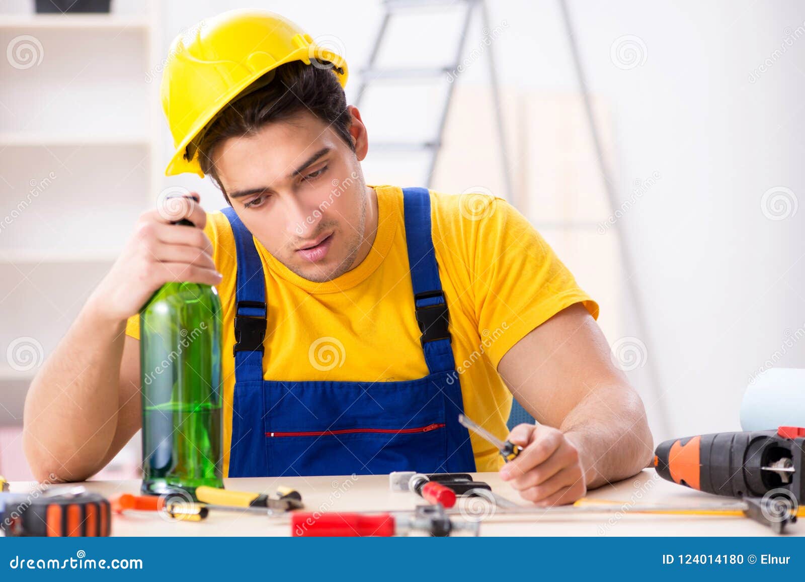 The Drunk Engineer Working in the Workshop Stock Photo - Image of hard ...