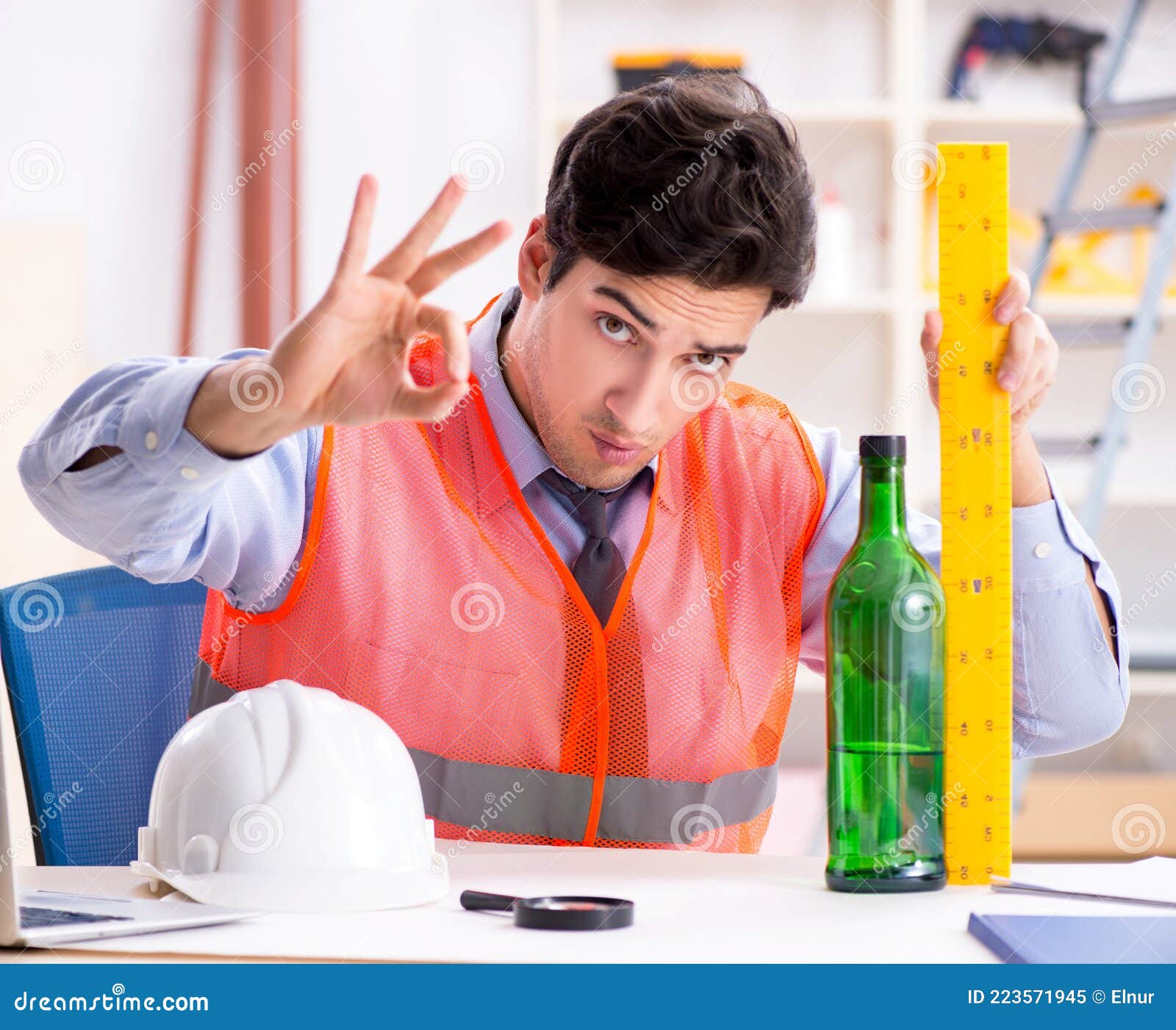 Drunk Engineer Working in the Workshop Stock Image - Image of booze ...