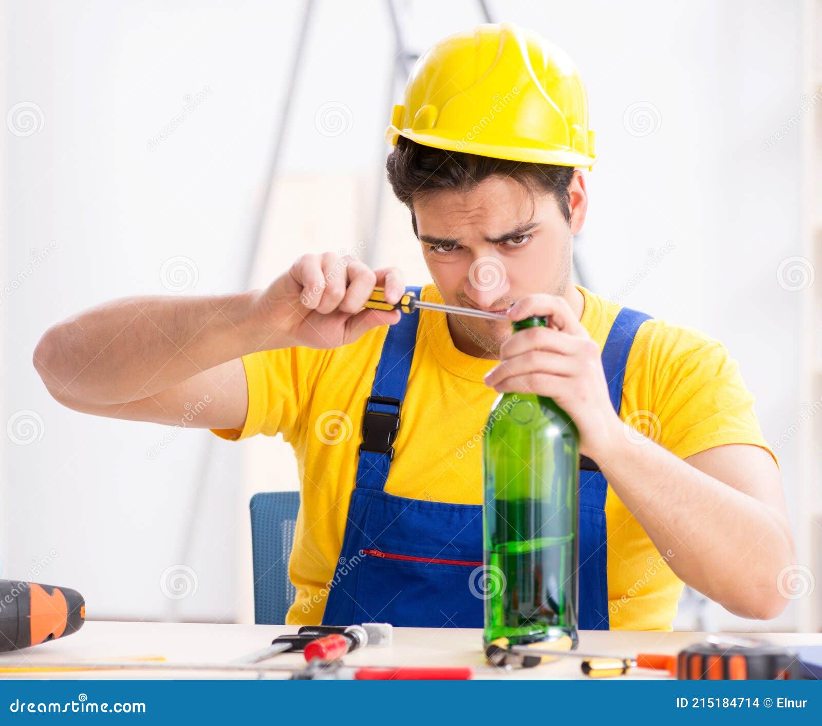 Drunk Engineer Working in the Workshop Stock Photo - Image of ...