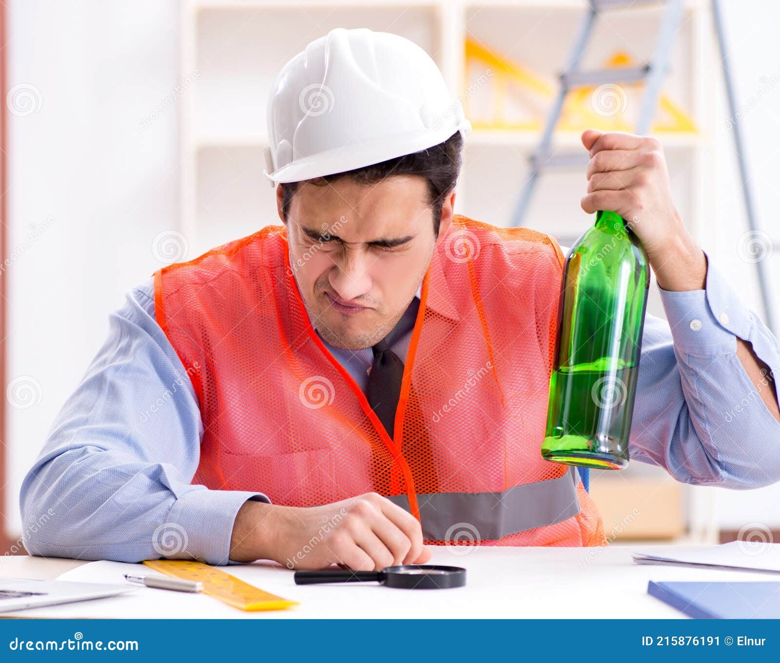 Drunk Engineer Working in the Workshop Stock Image - Image of exhausted ...