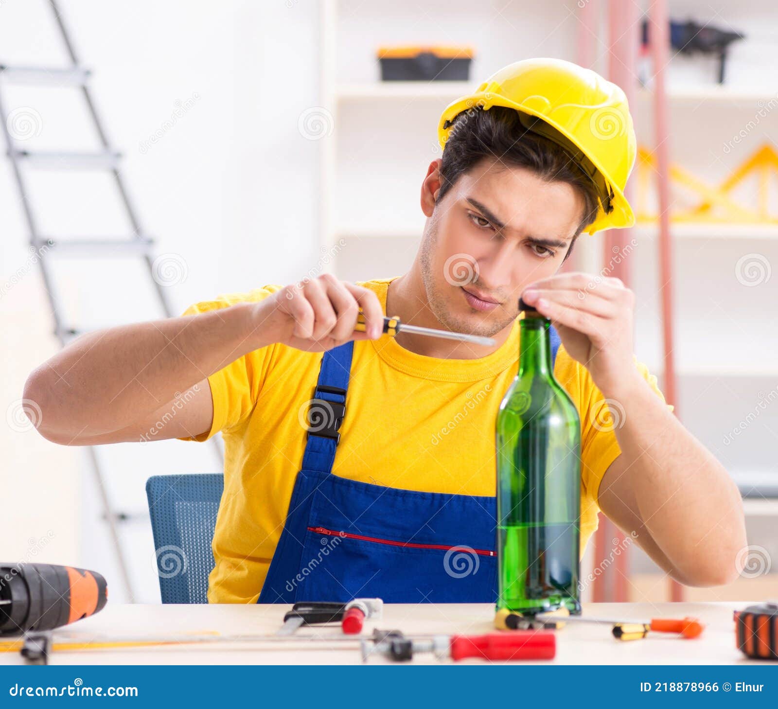 Drunk Engineer Working in the Workshop Stock Photo - Image of ...