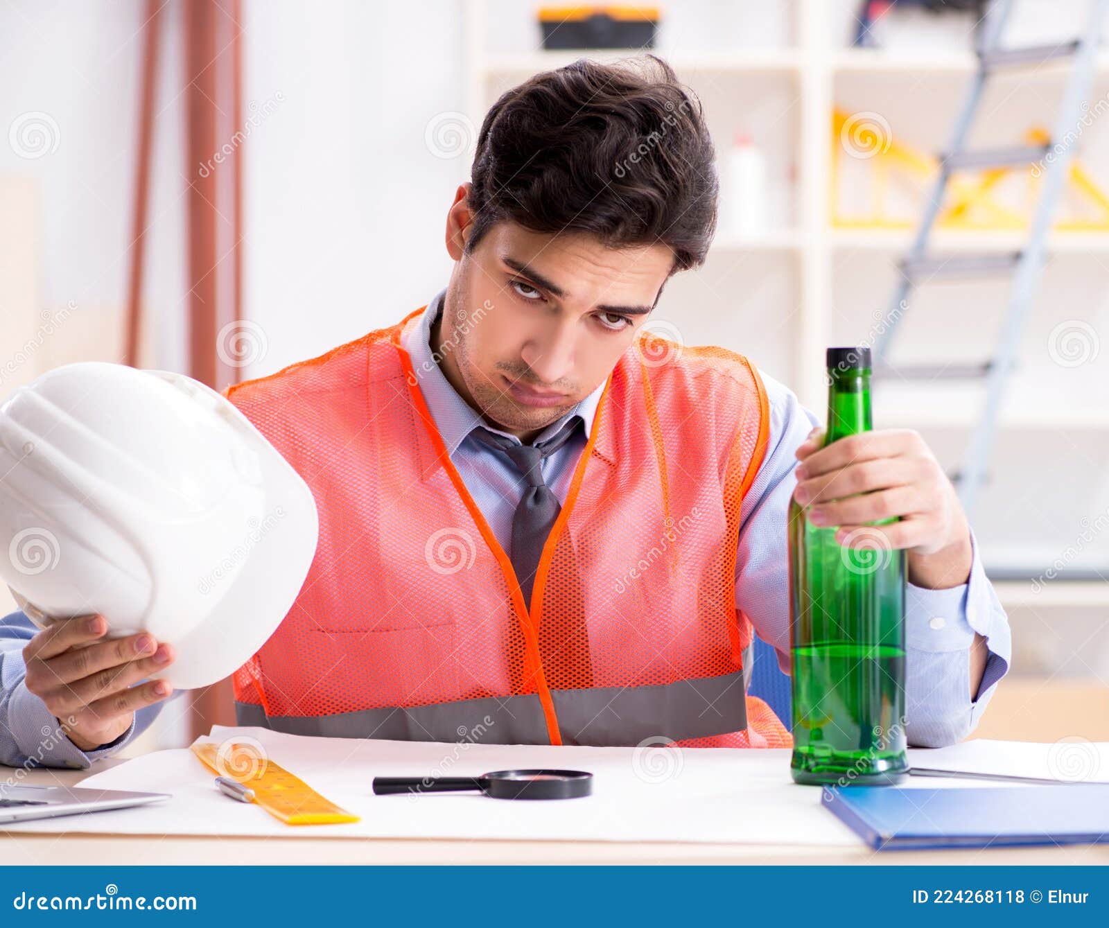Drunk Engineer Working in the Workshop Stock Photo - Image of builder ...
