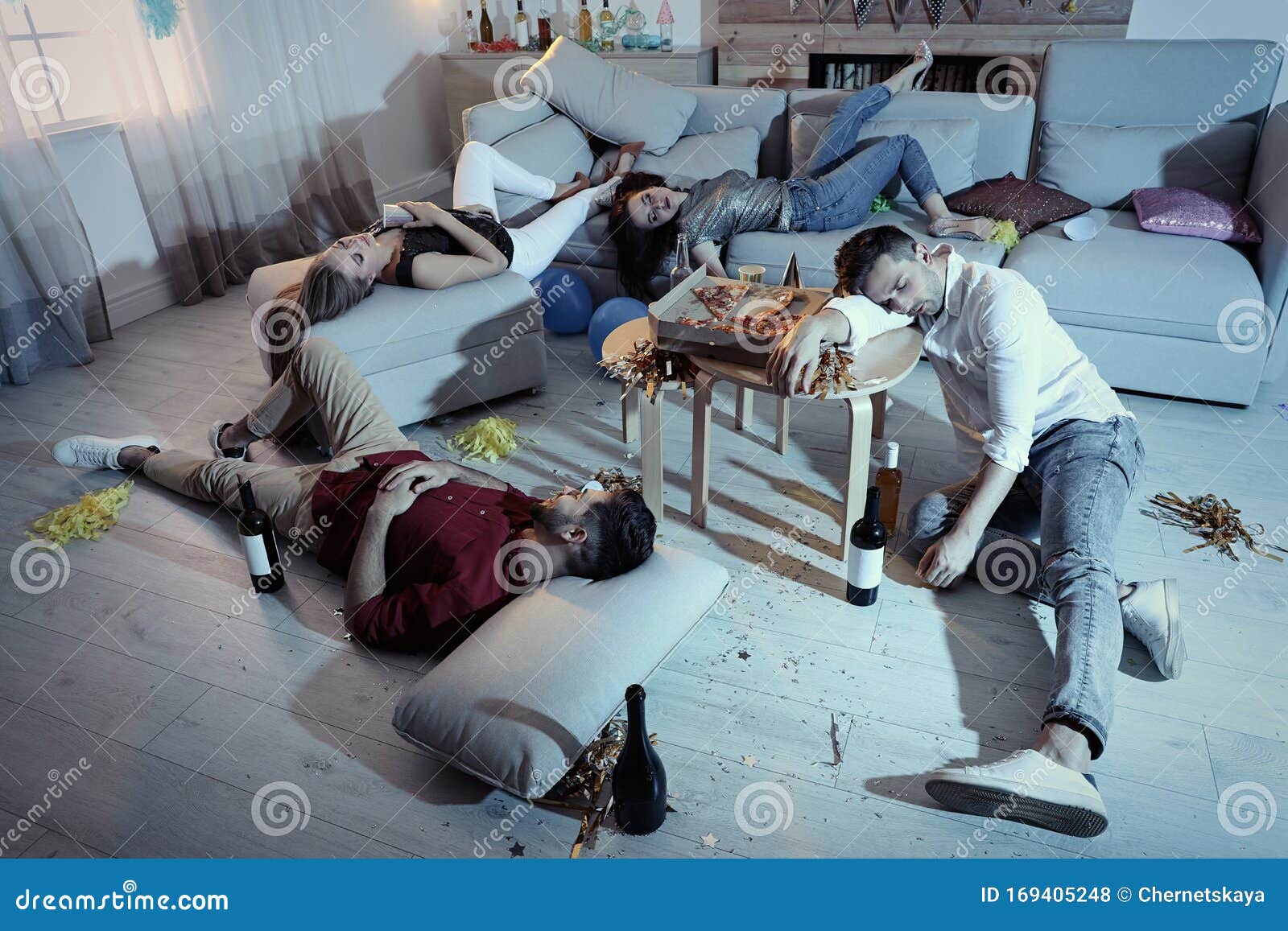 Drunk Friends Sleeping in Messy Room Stock Photo - Image of background ...