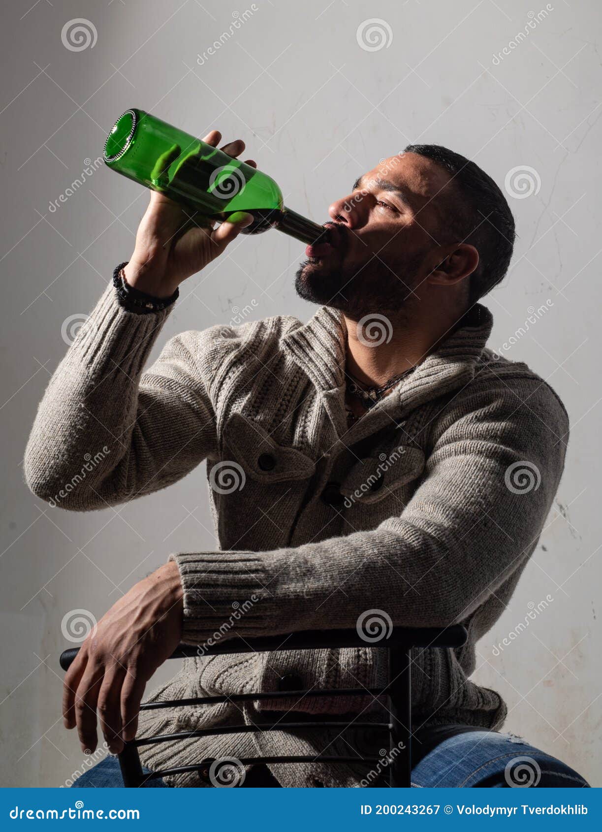 Drunk Man Drinking Wine. Depressed Guy with Bottle Alcohol. Abuse in ...