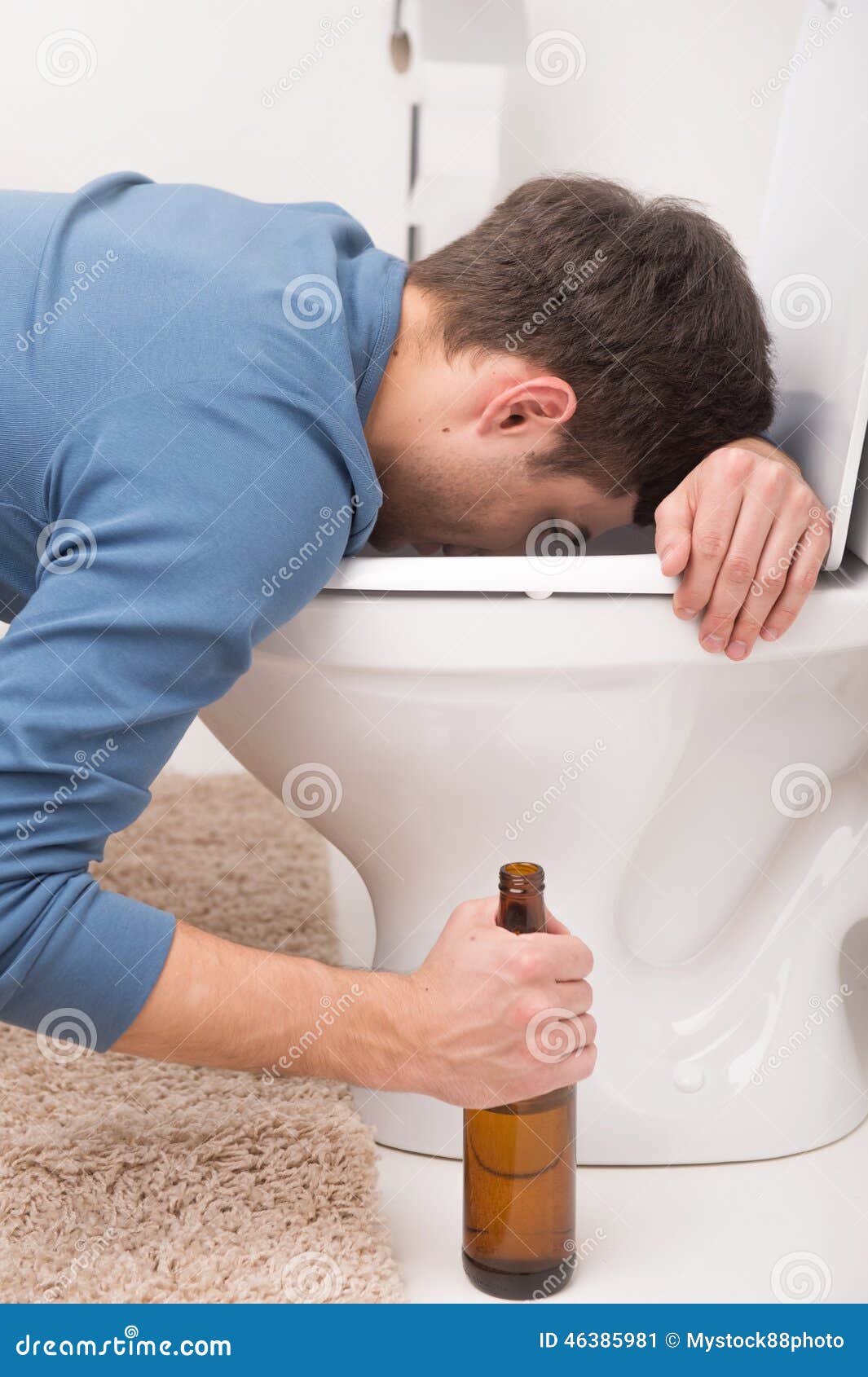 Drunk Man Sleeping on Toilet and Holding Bottle. Stock Image - Image of ...