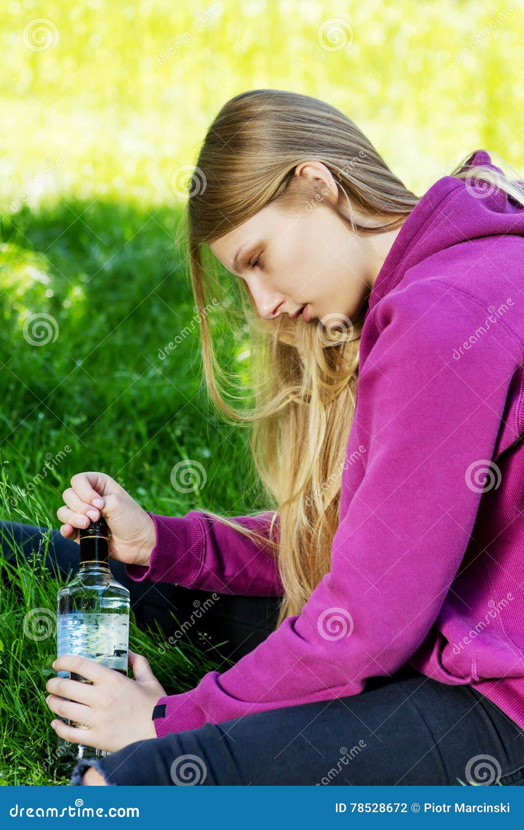 Drunk Young Woman with Bottle of Alcohol Stock Photo - Image of body ...