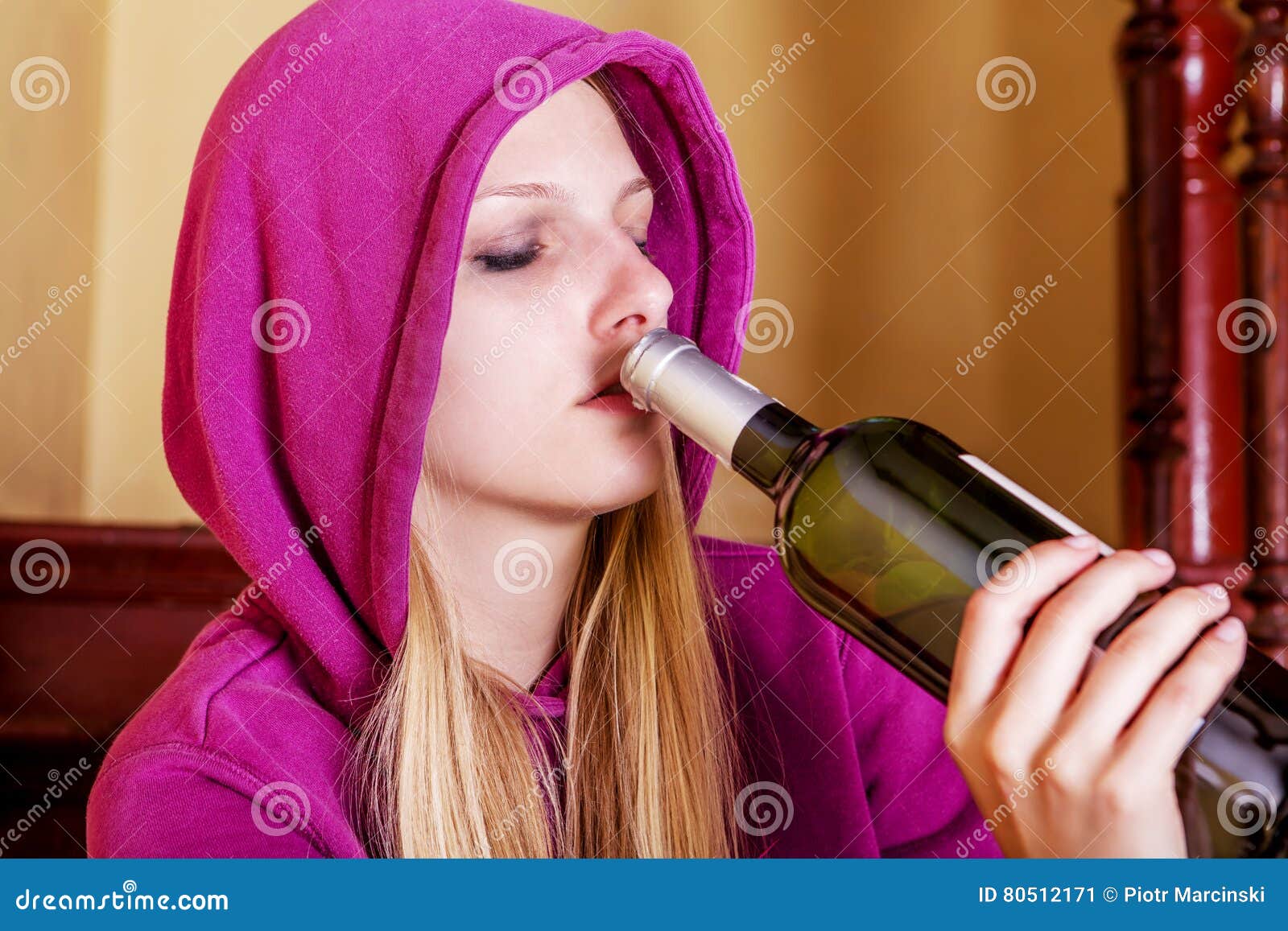 Drunk Young Woman with Bottle of Alcohol Stock Image - Image of ...