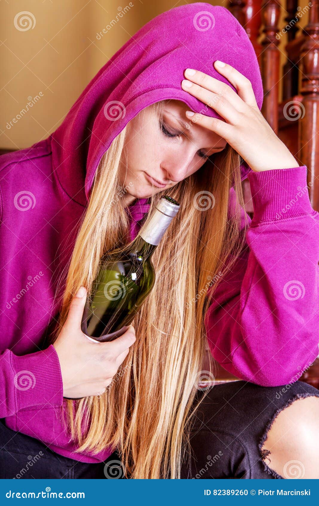 Drunk Young Woman with Bottle of Alcohol Stock Photo - Image of ...