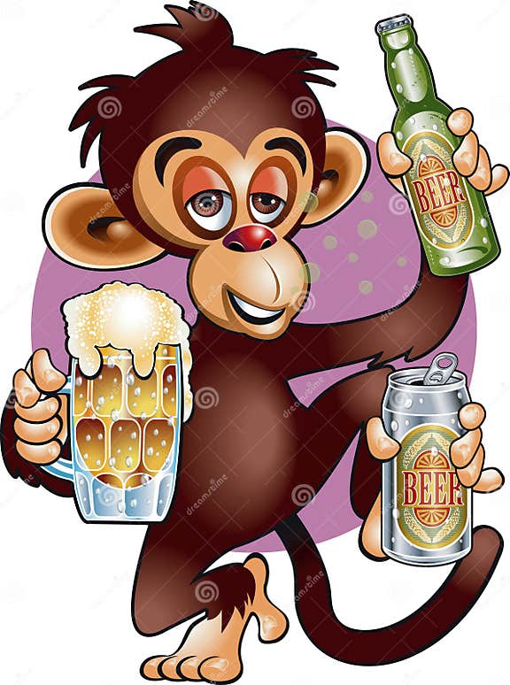 Drunken Monkey with Holding Beer Mug, Beer Can and Beer Botle Stock ...