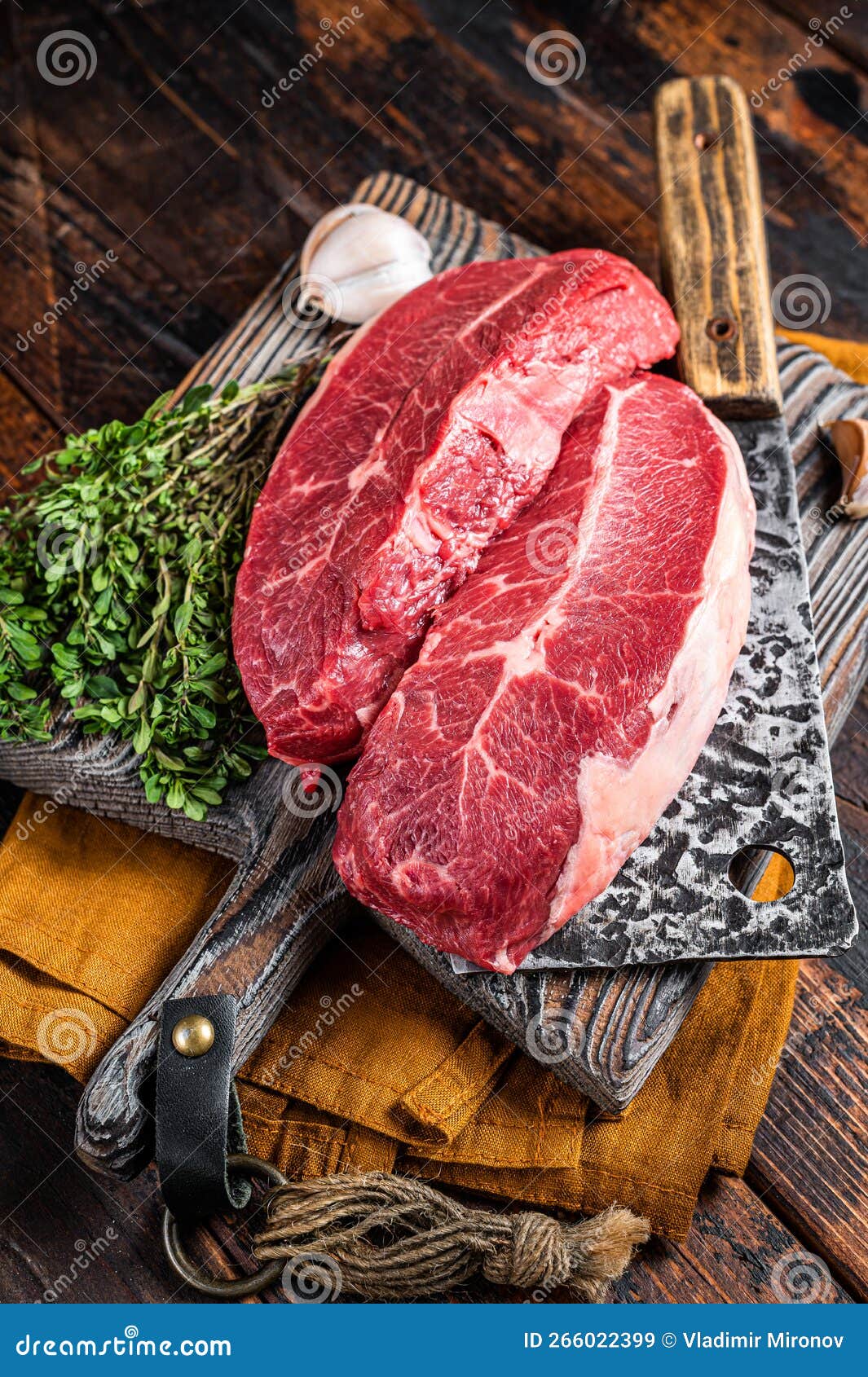 Dry Aged Raw Top Blade Beef Meat Steaks. Dark Background Stock Image ...